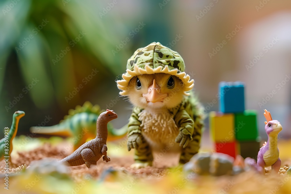 The sweetest baby chick in a tiny dinosaur costume, exploring a ...