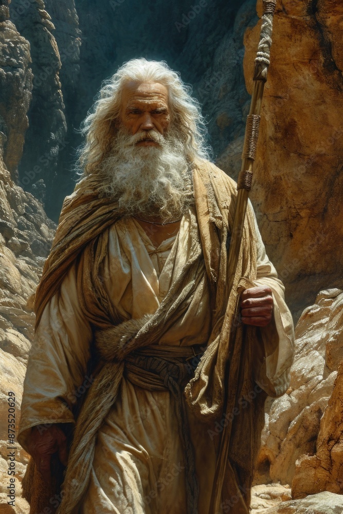 depicting Prophet Moses, with a long white beard, in a desert setting ...