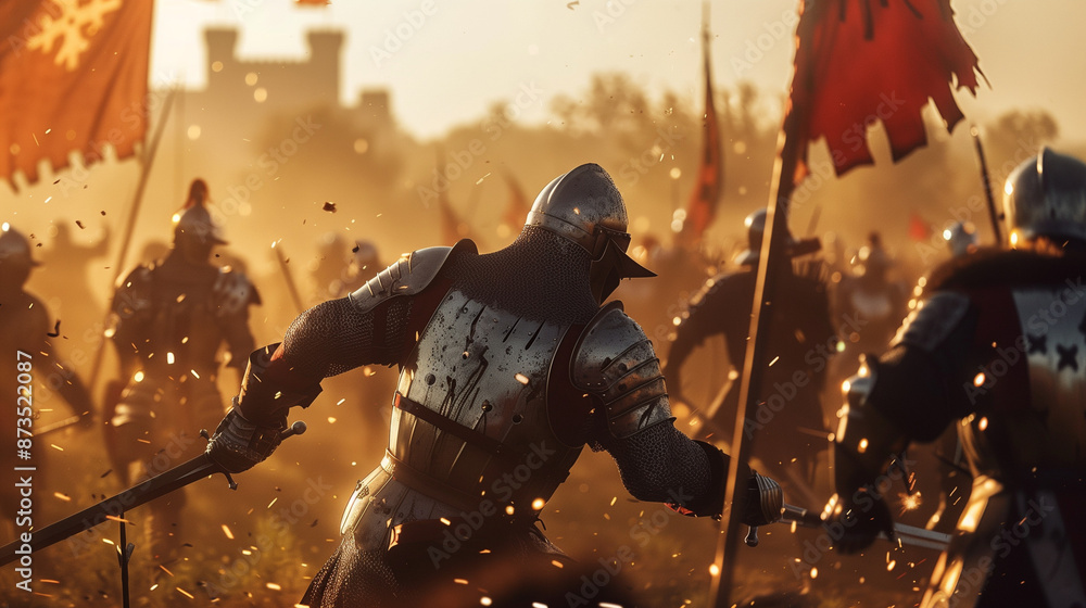 A medieval war scene, knights in armor clashing swords, dynamic and fierce battle, on an open ...