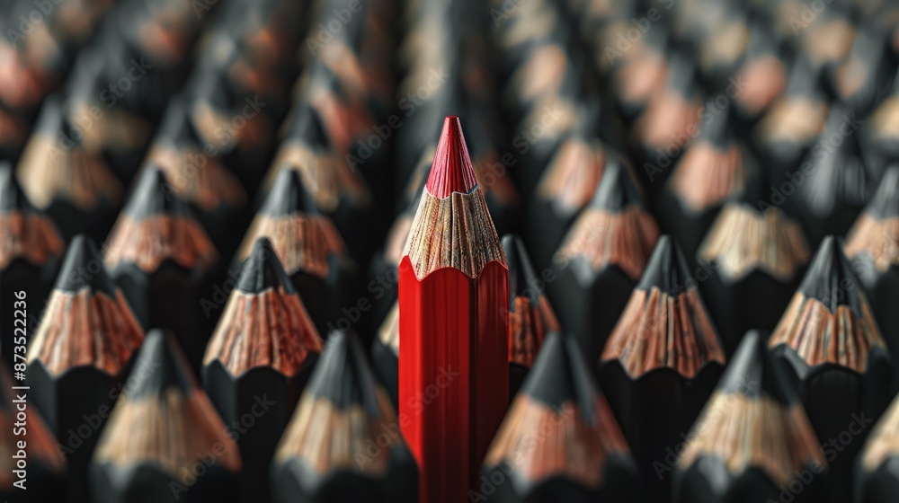 Conceptual image of a red pencil standing out from a crowd of identical ...