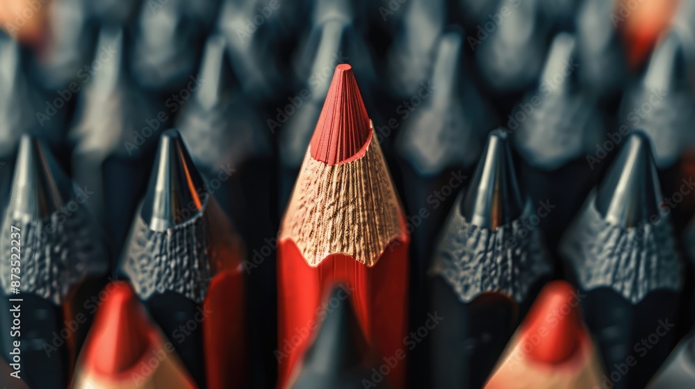 Conceptual image of a red pencil standing out from a crowd of identical ...