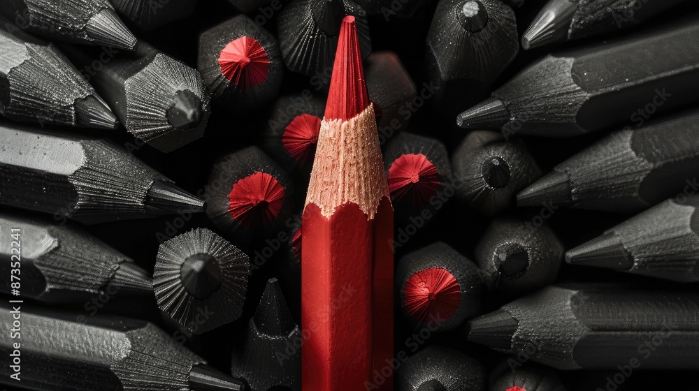 Conceptual image of a red pencil standing out from a crowd of identical ...