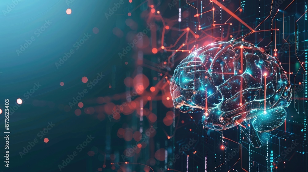 Glowing data points and digital circuits within a human brain depicting ...
