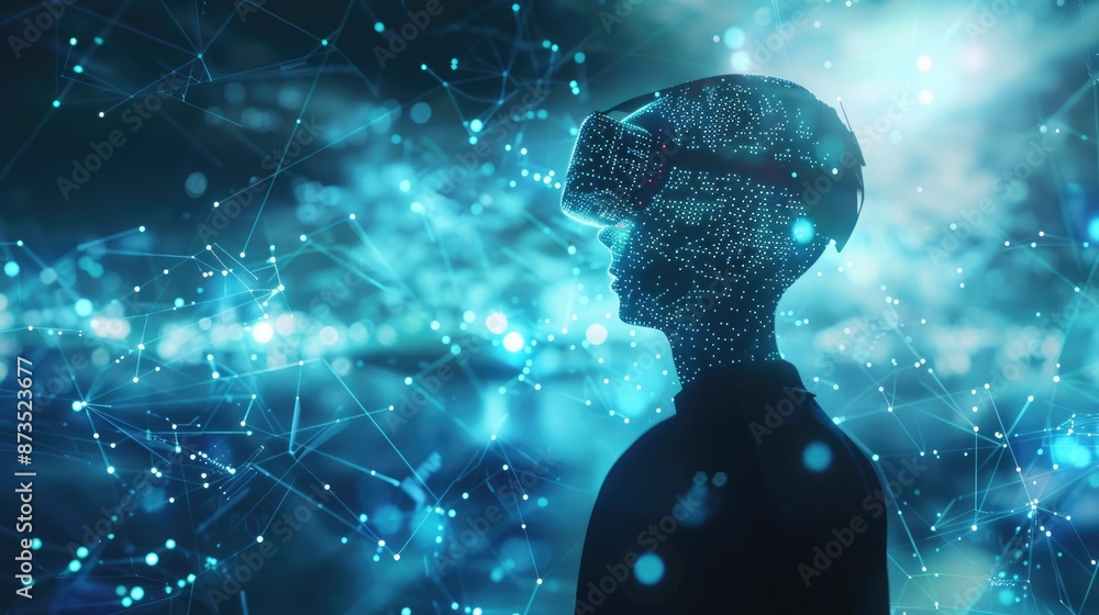 Virtual reality scene with a digital human avatar engaging with AI data ...