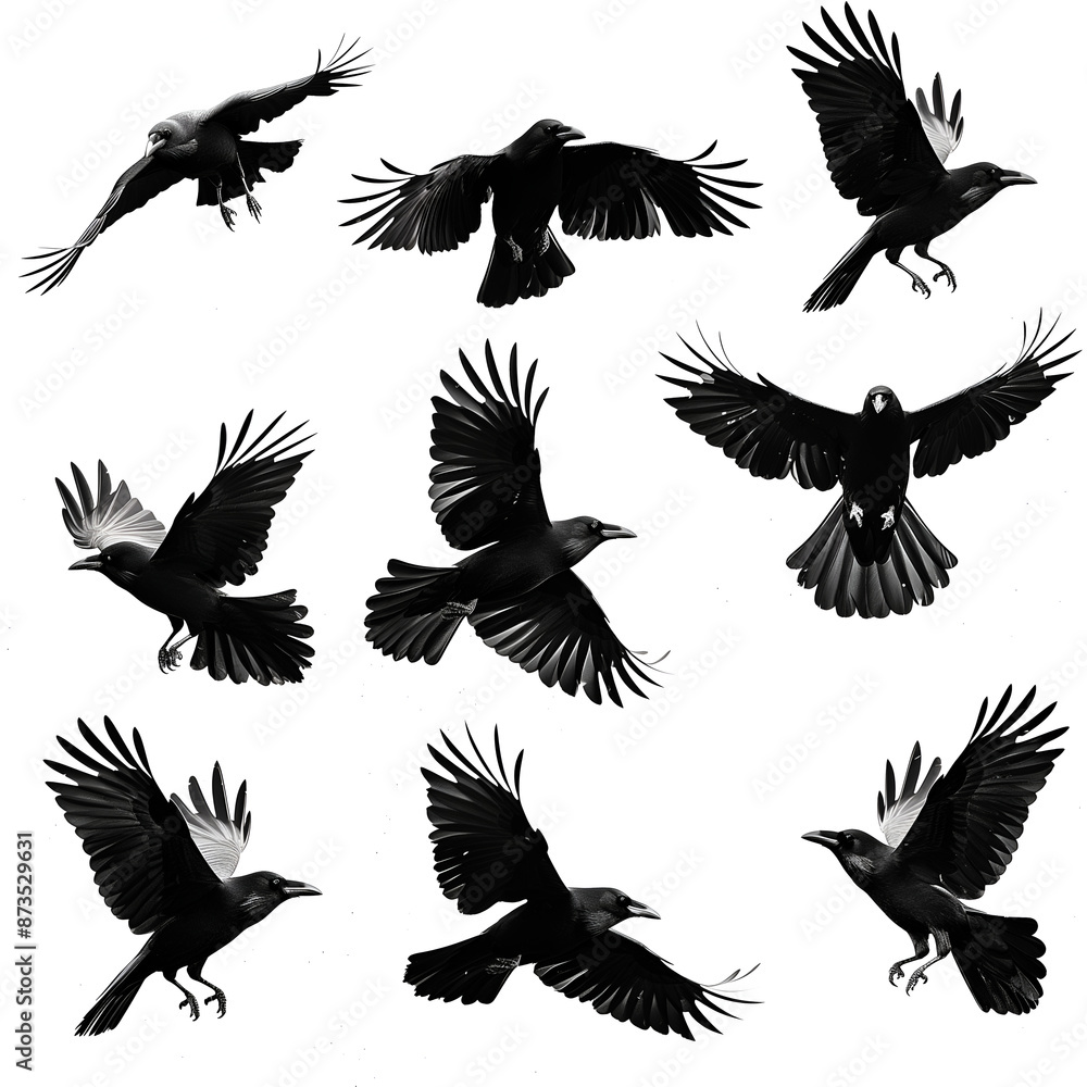 silhouettes of birds, character sheet showing all the images of crows ...