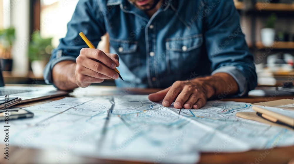Cartographer working with cadastral maps at wooden table in office ...