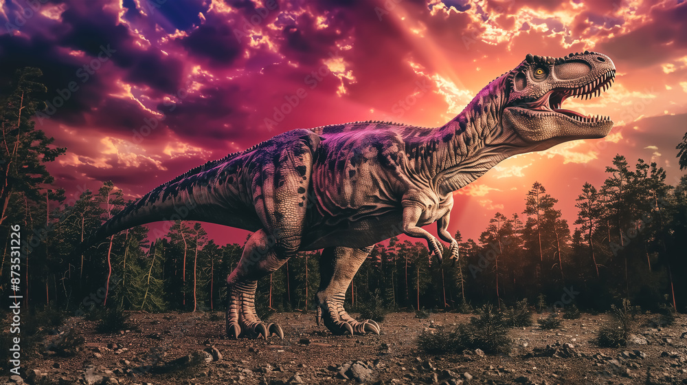 tyrannosaurus in prehistoric forest, dinosaurs in Jurassic, T-rex under ...