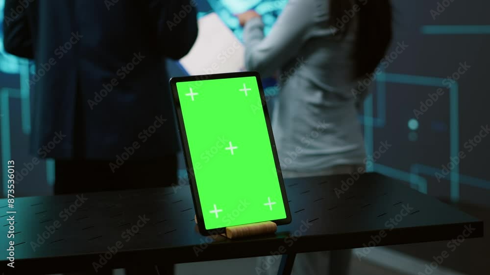 Green screen tablet used by computer scientists in startup doing ...