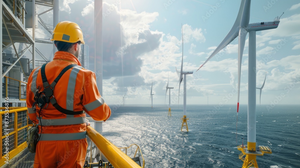 engineers on an elevated maintenance platform, highlighting the height ...
