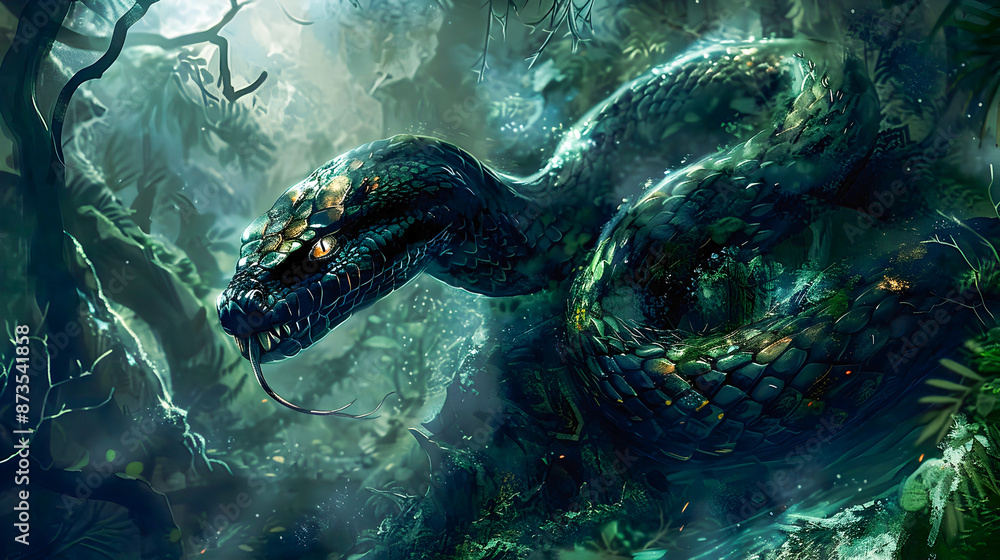 Coiling venomous serpent emerges from the shadows of the dense mythical ...