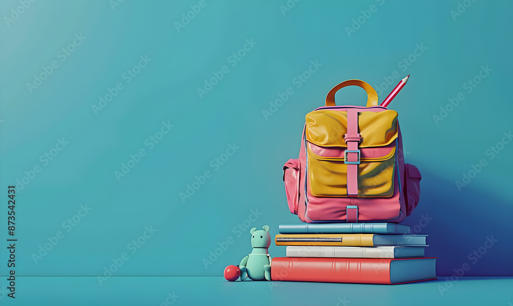 Full school backpack, books and supplies, isolated on blue background ...