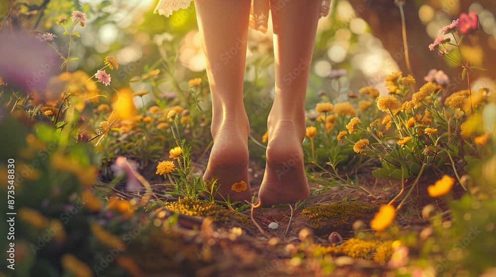 Bare feet of woman standing barefoot outdoors in nature, grounding ...
