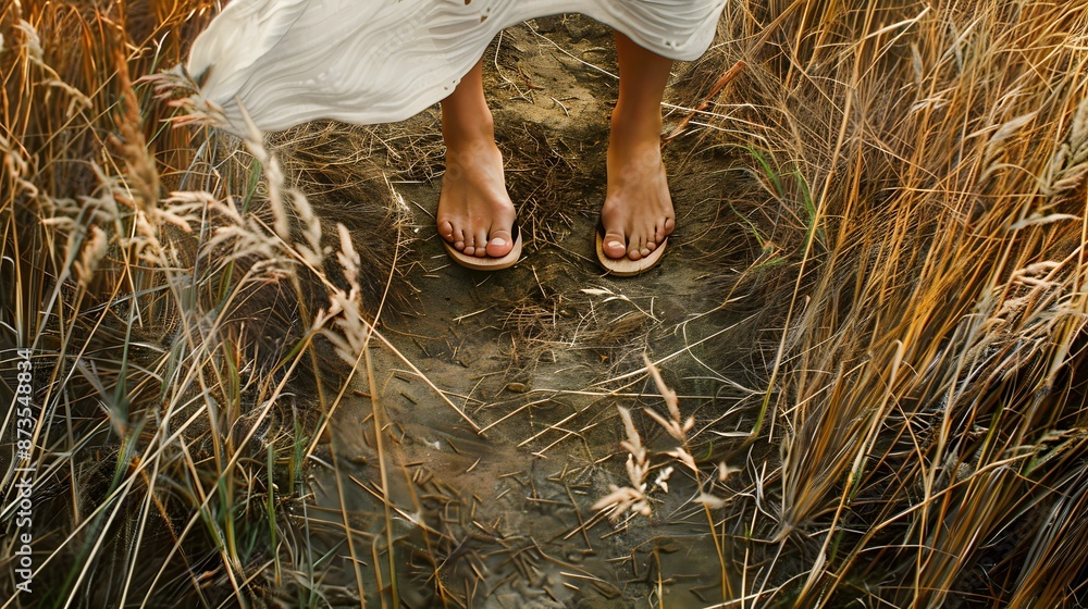 Bare feet of woman standing barefoot outdoors in nature, grounding ...