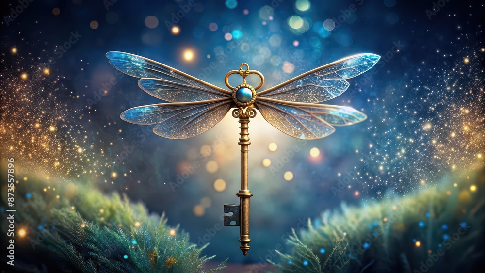 Magical flying key with dragonfly wings floating in the air, magical ...