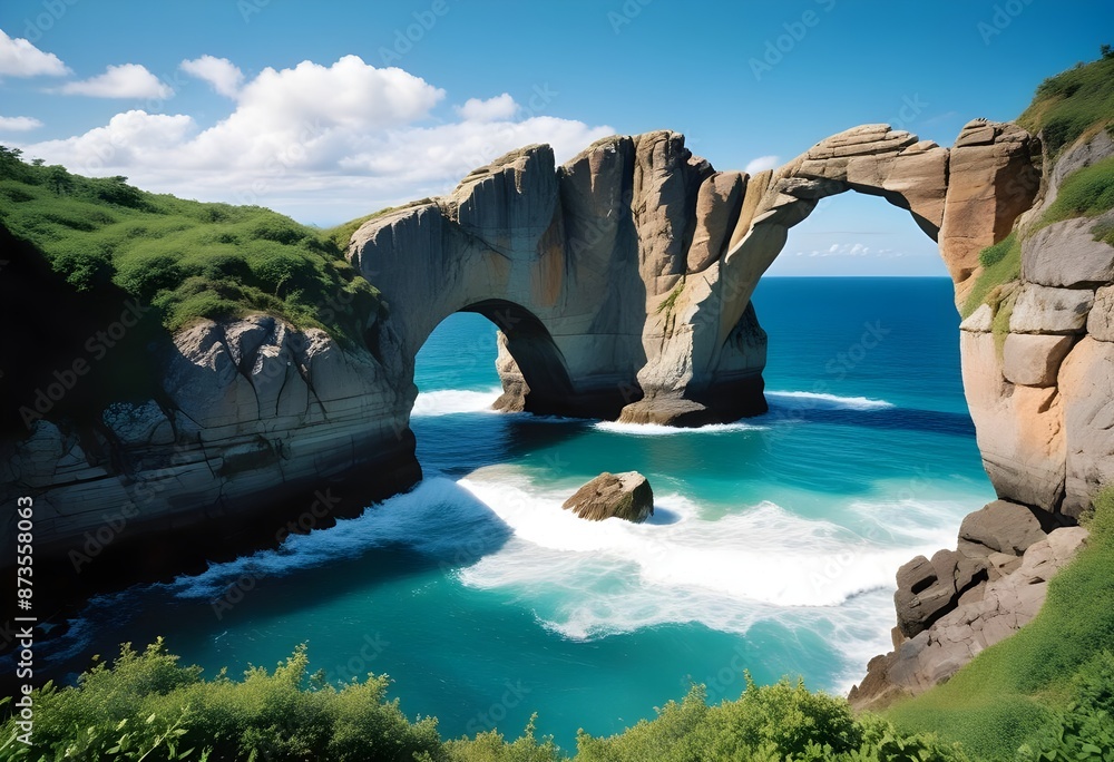 A large natural stone arch formation rising from a rocky coastline ...