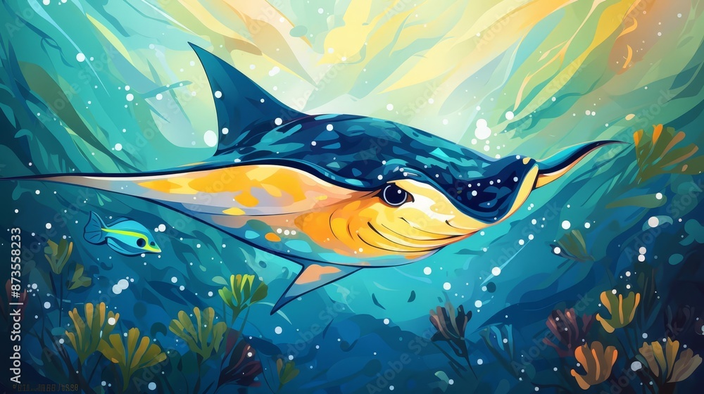 Manta ray undulating through water flat design top view ocean theme ...