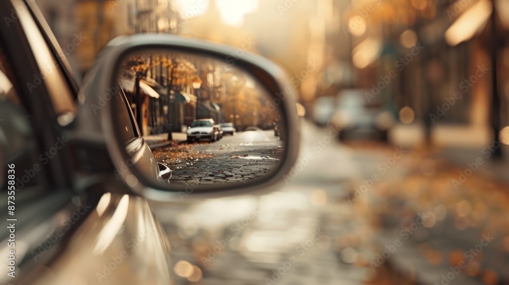 Car side mirrors that reflect the road and scenery behind The mirror ...