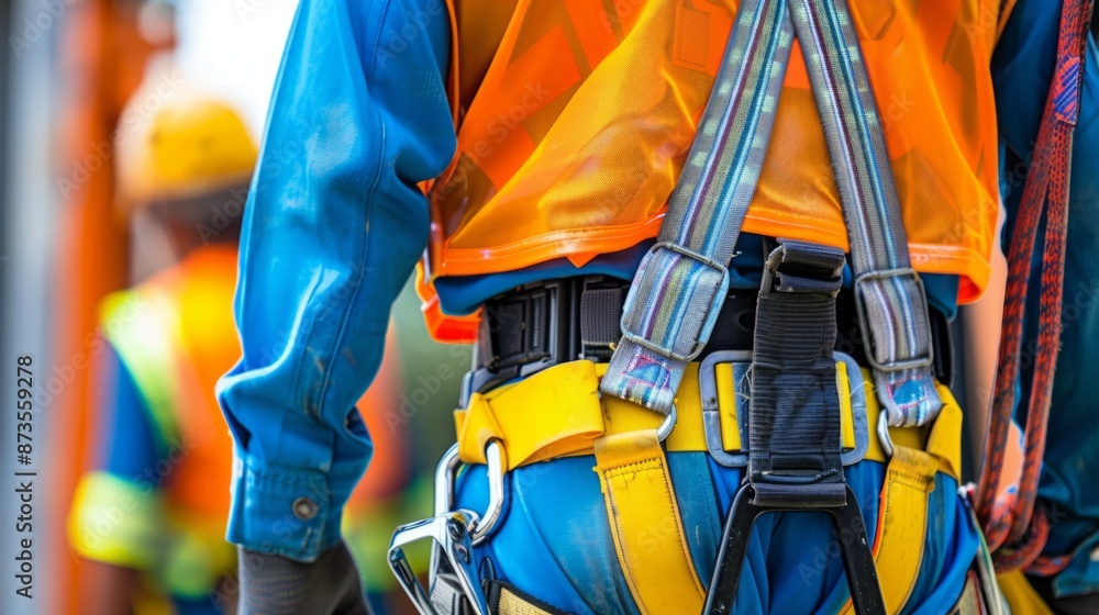 Engineers wearing safety equipment such as harnesses, helmets and ...