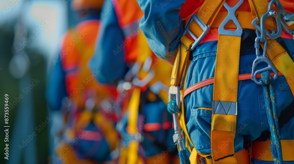 Engineers wearing safety equipment such as harnesses, helmets and ...