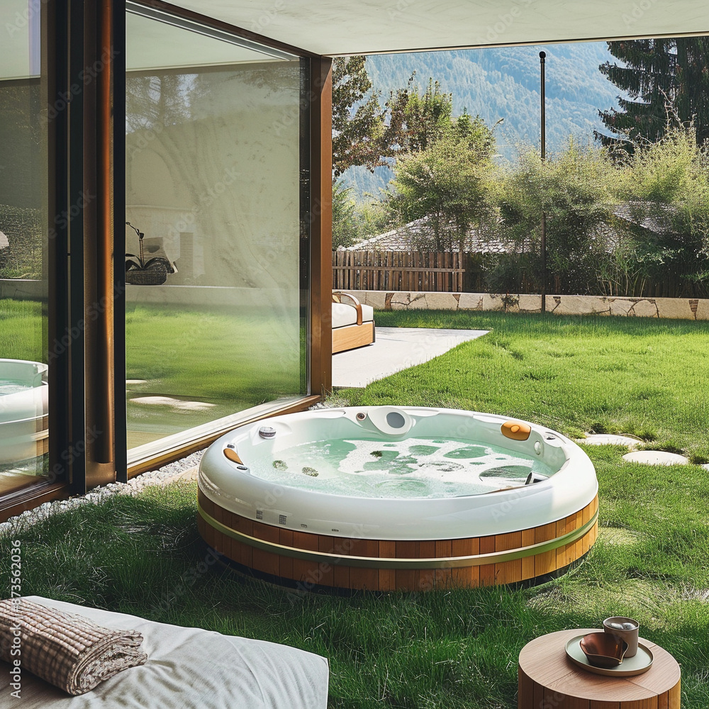 Luxurious Outdoor Soak: Another View of Freestanding Jacuzzi on Grass ...