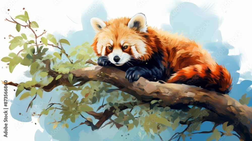 Red panda stretching in a tree flat design side view nature theme water ...