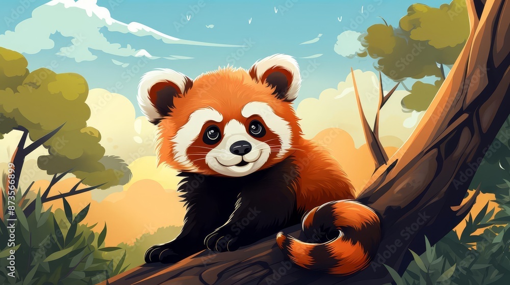 Red panda stretching in a tree flat design top view forest theme ...