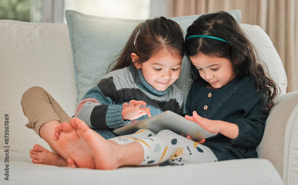 Children, tablet and watch in lounge, bonding and learning in cartoons ...