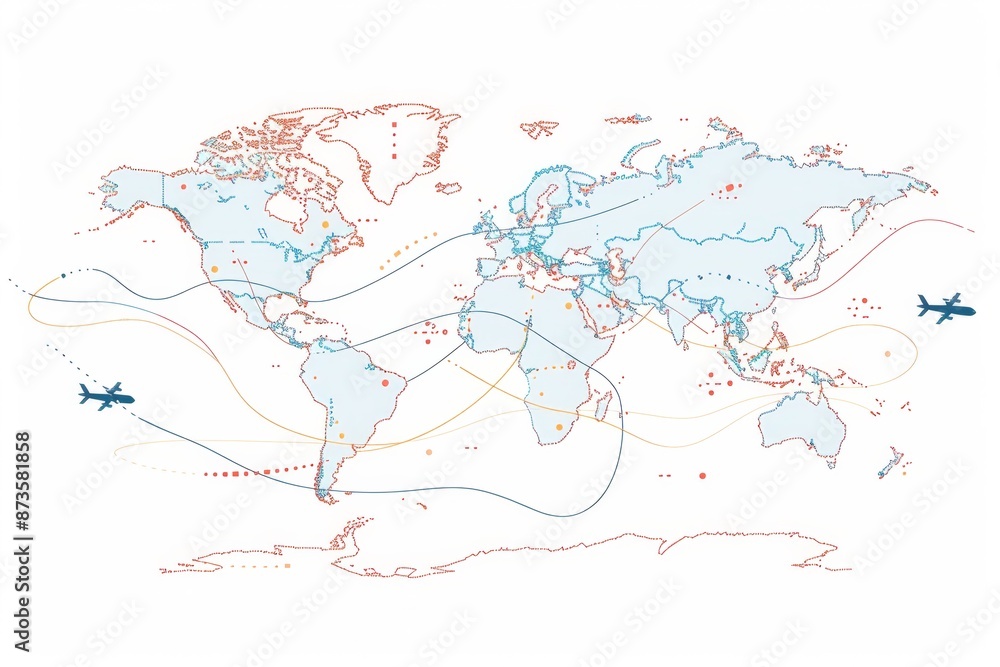 World map showing air routes with airplanes flying around the world ...