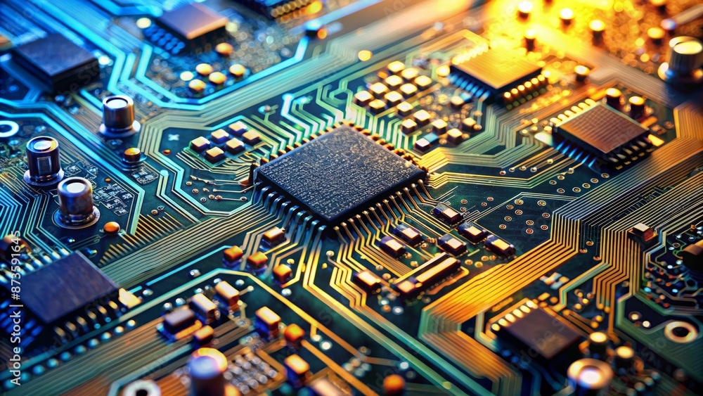 High-tech electronic circuit board background with close-up macro view ...