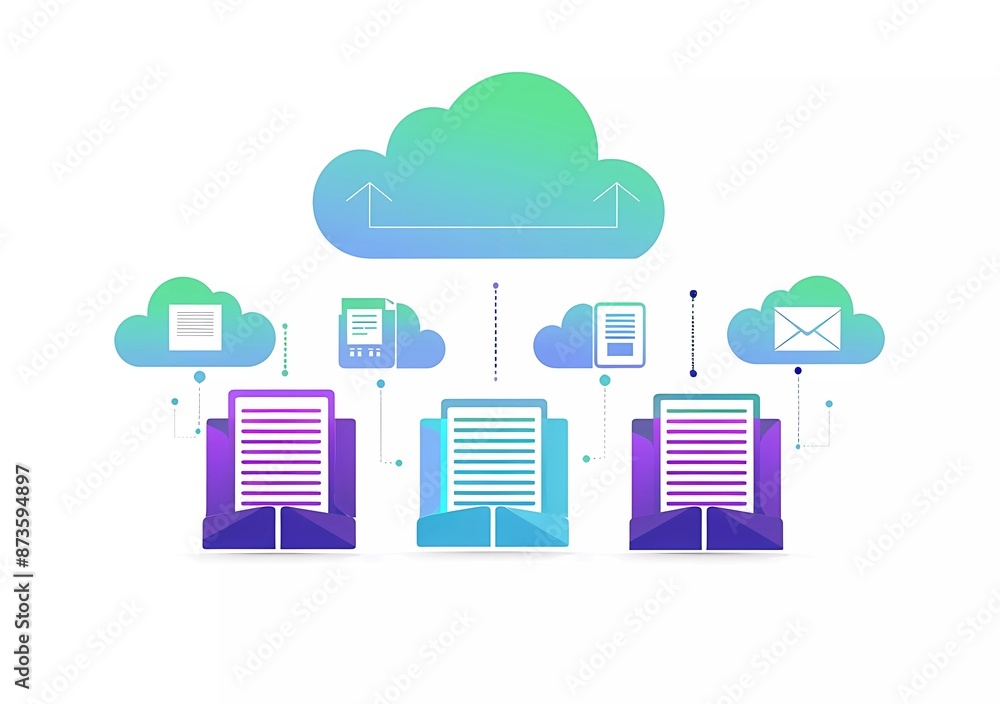 simple cloud flat vector illustration with document, photo and text ...
