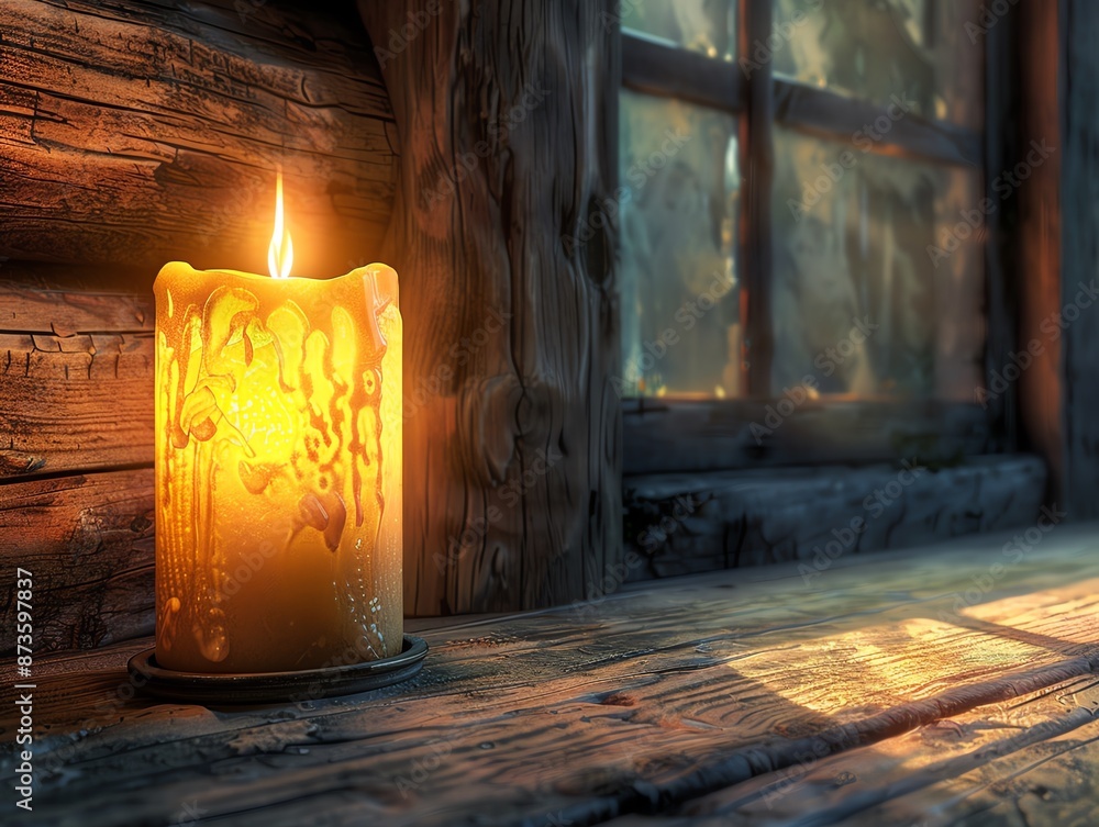 Candle flame in a rustic cabin, warm glow illuminating wooden walls ...