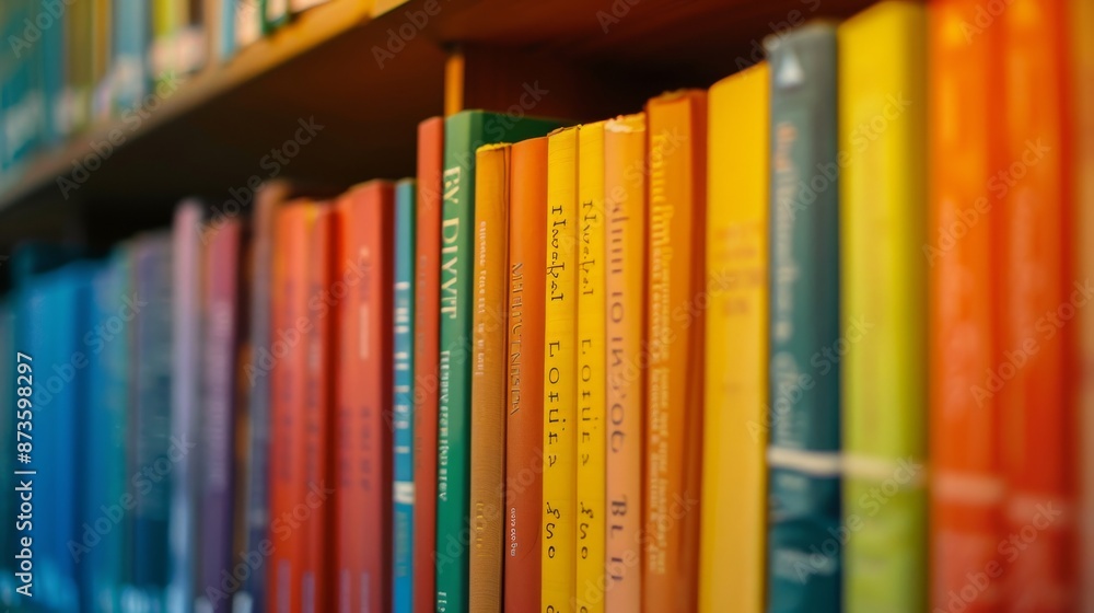 The diagonal view of the bookshelf features eye-catching colorful ...