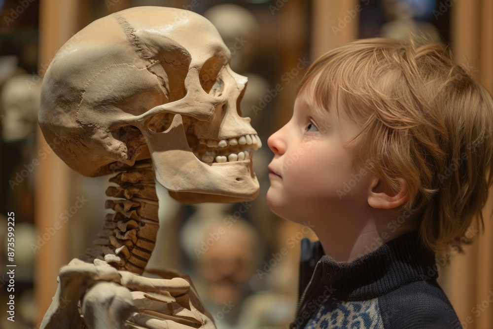 Young boy fascinated by a human skeleton exhibit, representing ...