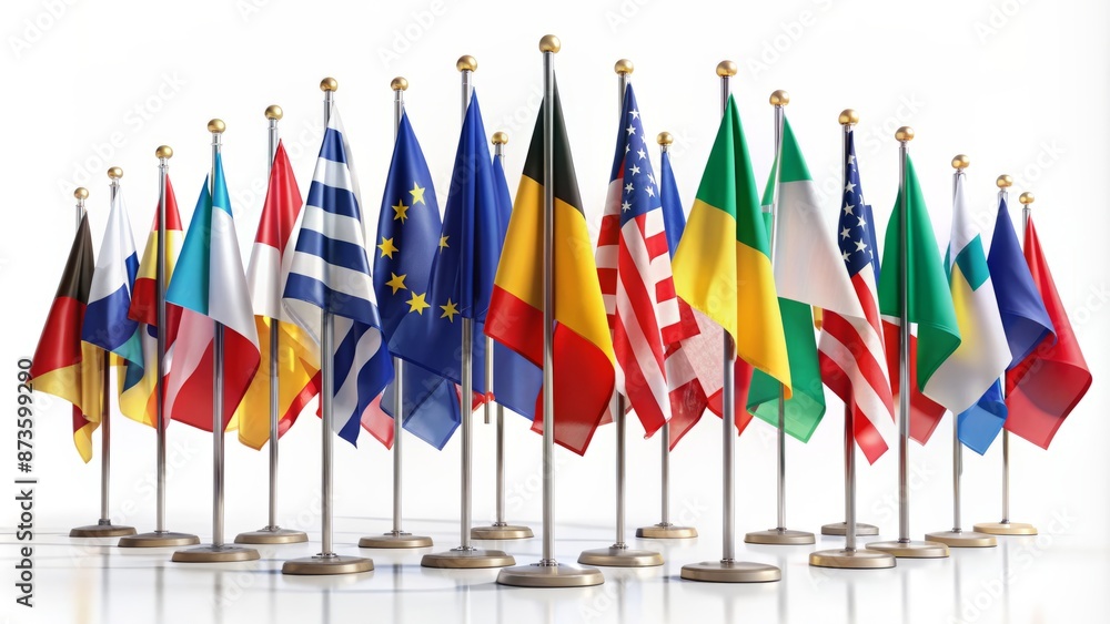 Vibrant colorful giant flags of European countries standing upright ...