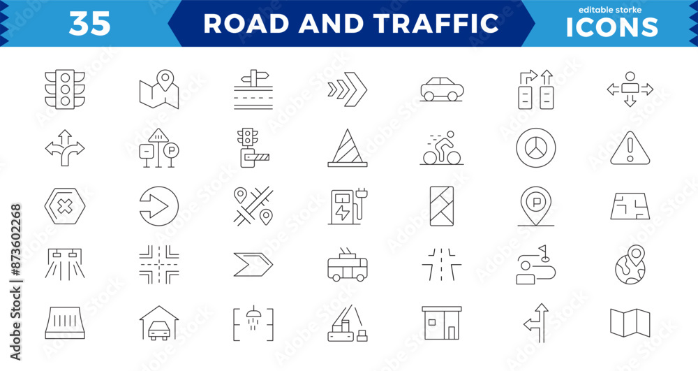 Vetor de Pixel Perfect Road and traffic line icons collection. Street ...