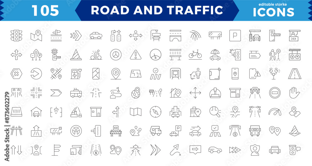 Vetor de Pixel Perfect Road and traffic line icons collection. Street ...