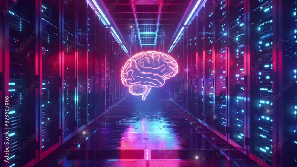 Futuristic Technology background. 3D render of a glowing brain inside a server room with a data ...