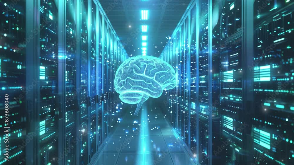Futuristic Technology background. 3D render of a glowing brain inside a server room with a data ...