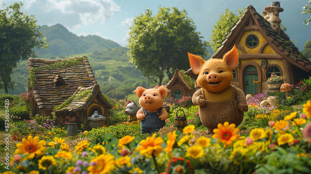 A lively and whimsical scene featuring the three little pigs, each ...
