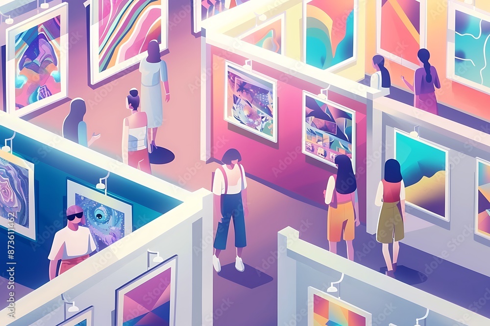 An animated icon of a digital art fair with booths that display ever ...