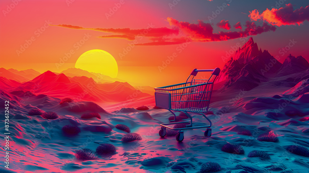 Surreal digital of a vibrant floating shopping cart drifting through a ...