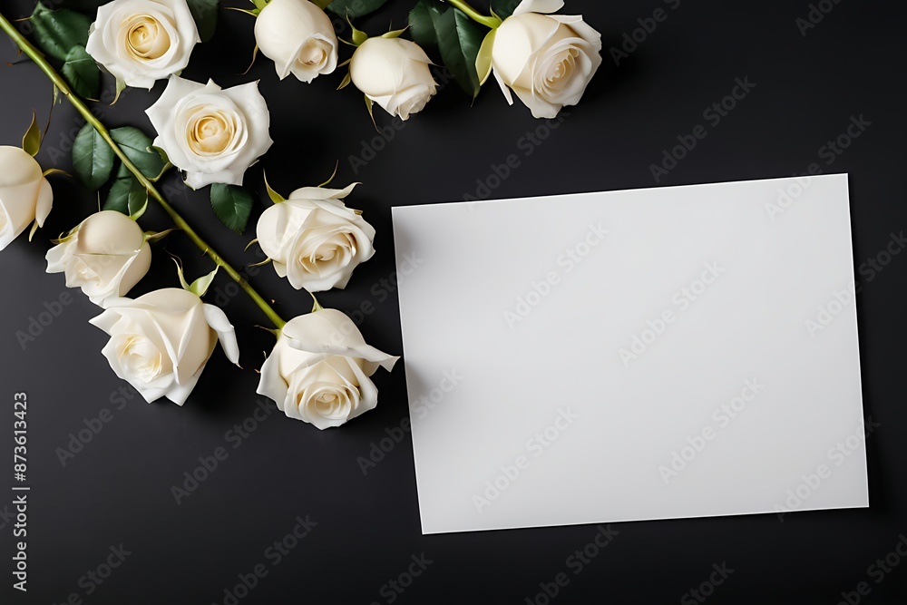 White blank condolence card with fresh Rose flowers on the dark ...