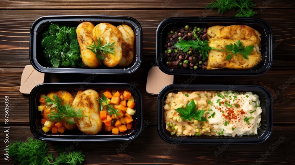 Colorful ukrainian cuisine in lunch boxes on wooden background, top ...