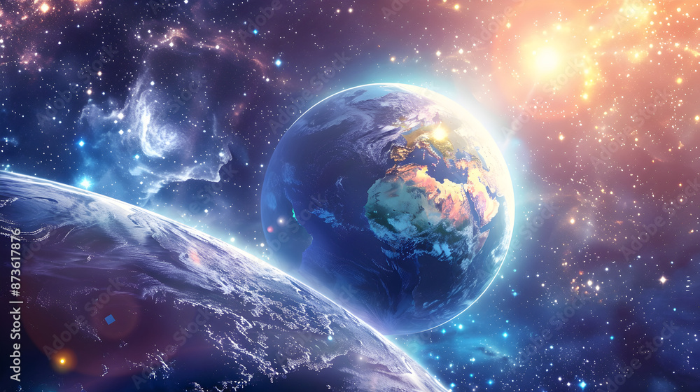 Abstract space background with planets stars and nebula in deep space ...