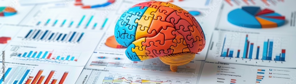 Colorful brain model resting on data charts symbolizes cognitive ...