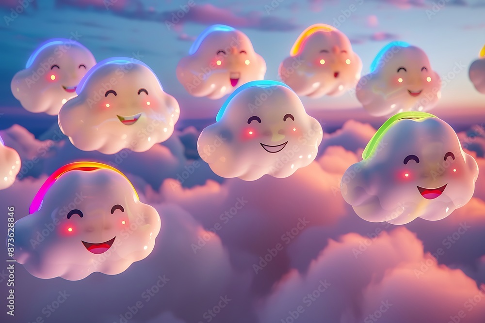 Emoji icons as white clouds with colorful linings, floating in a ...
