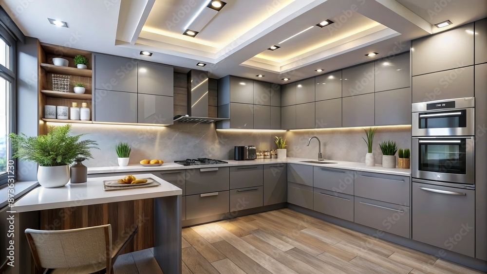 Modern small kitchen with elegant false ceiling design featuring ...
