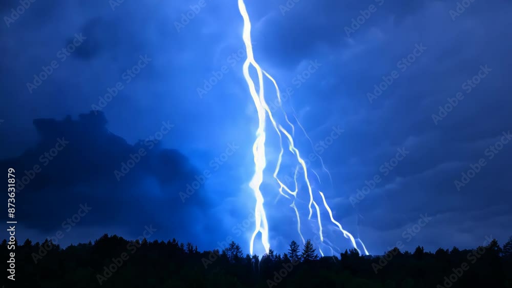 Brilliant blue lightning bolt splits dark sky, silhouetting treetops ...
