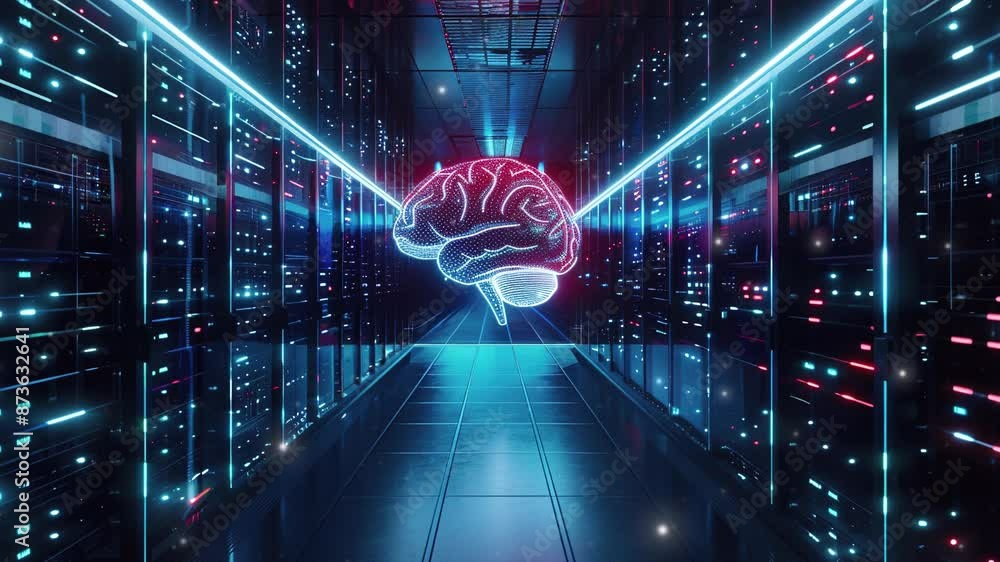Brain Futuristic Technology background. 3D render of a glowing brain inside a server room with a ...