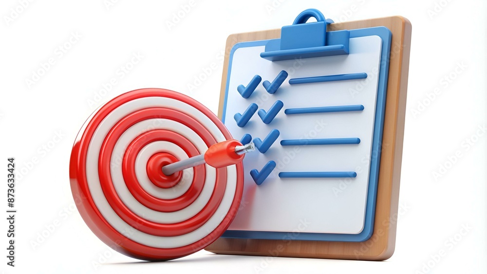 3d render checklist with target bullseye and arrow in aim. Check list ...